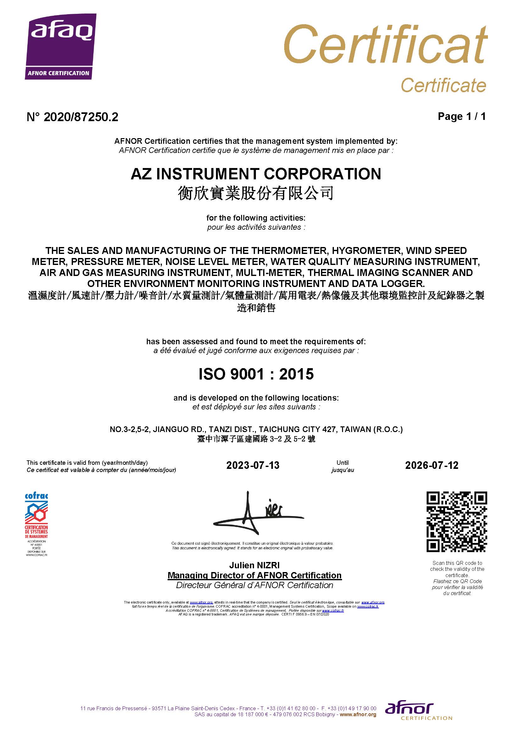 ISO 9001 Certificate - AZ Instrument Corp.